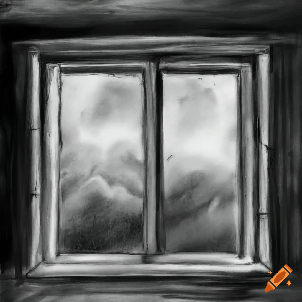 Cloud entering cottage room through window in black and white charcoal ...
