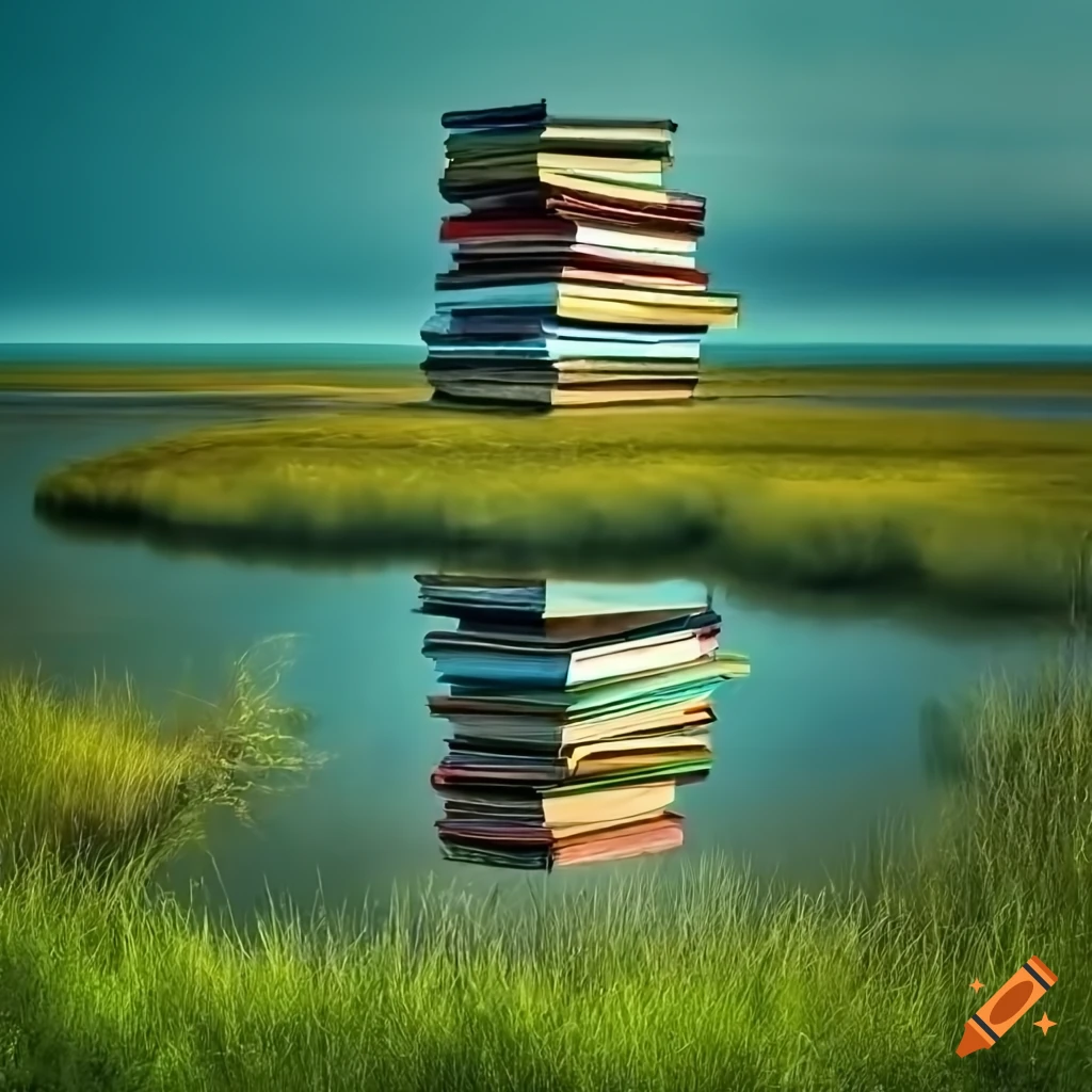 Surreal landscape with books, book fair, salt marshes, and Atlantic ...