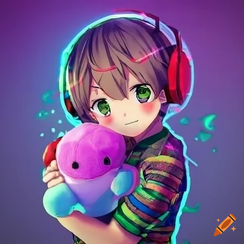 Anime portrait of an adorable arcade boy with a neon plush toy on Craiyon