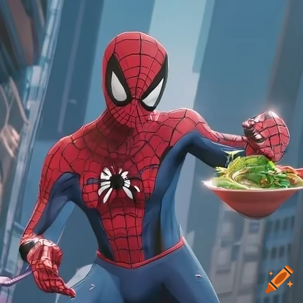 Spider-Man enjoying Thai papaya salad on Craiyon