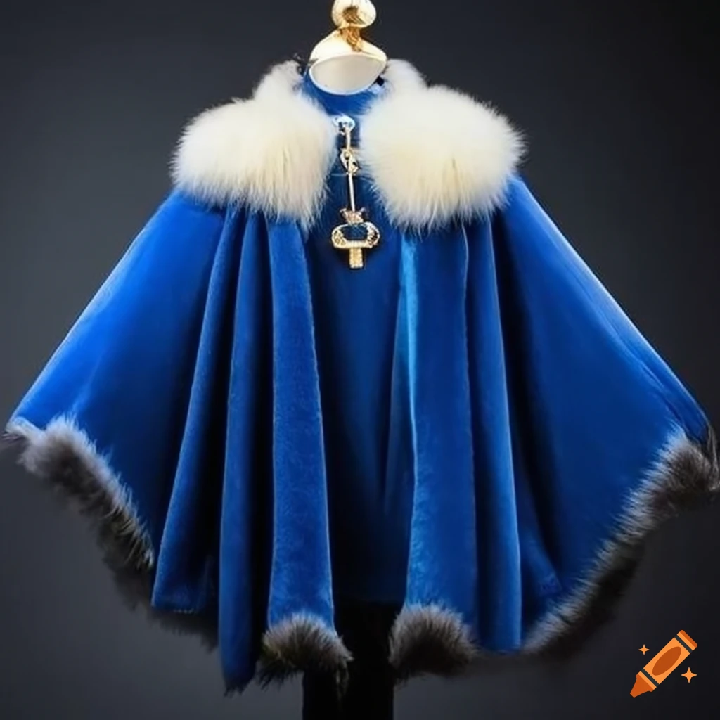 Impressive pelican cloak made from blue velvet with white fur trim and ...