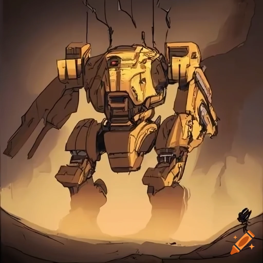 Mech walking in a sandstorm in comic art style on Craiyon