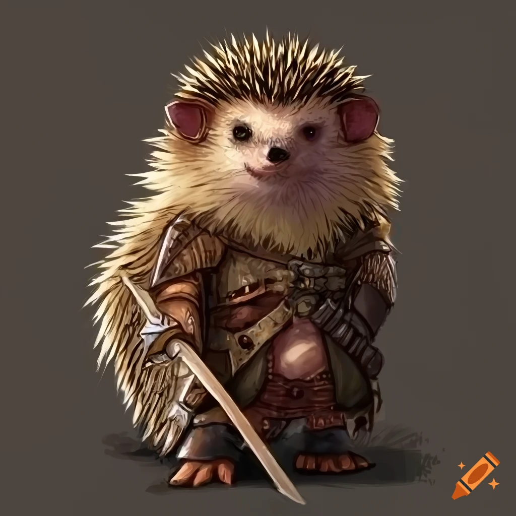 Middle-aged hedgehog in leather armor aiming a longbow with a scar over ...