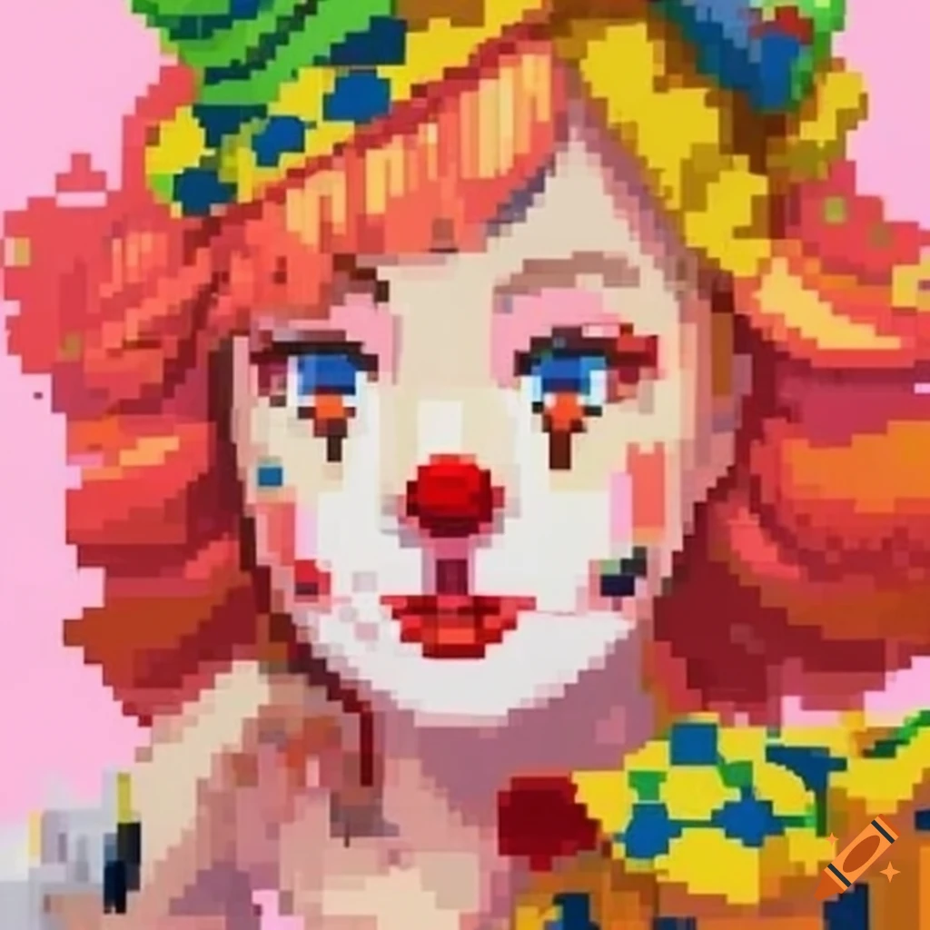 Vibrant pixel art of a cute clown girl on Craiyon