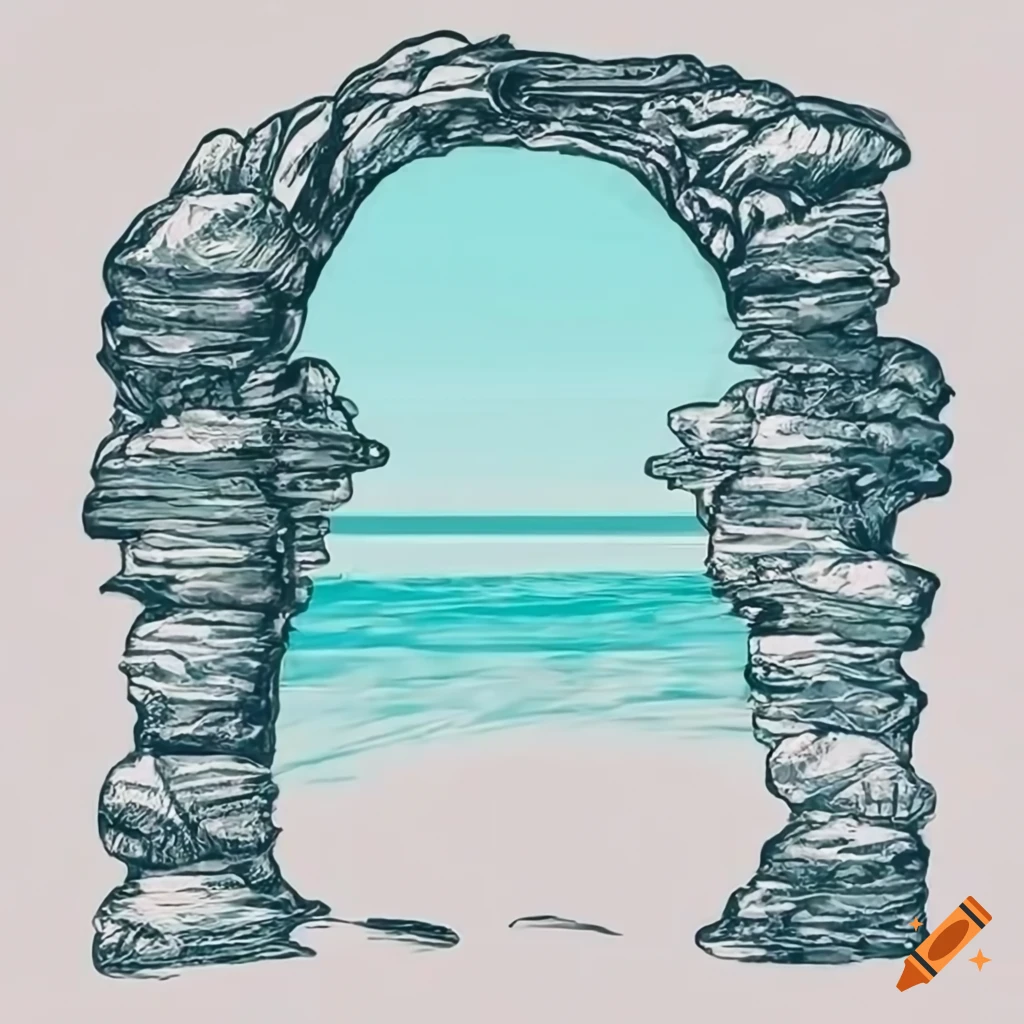 Natural archway with turquoise water and scenic mountains on Craiyon