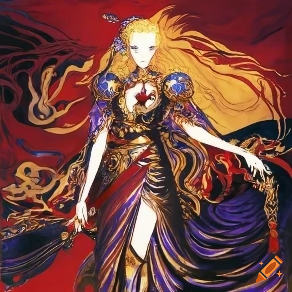 Imperial fire queen floating with flowing golden hair in yoshitaka ...