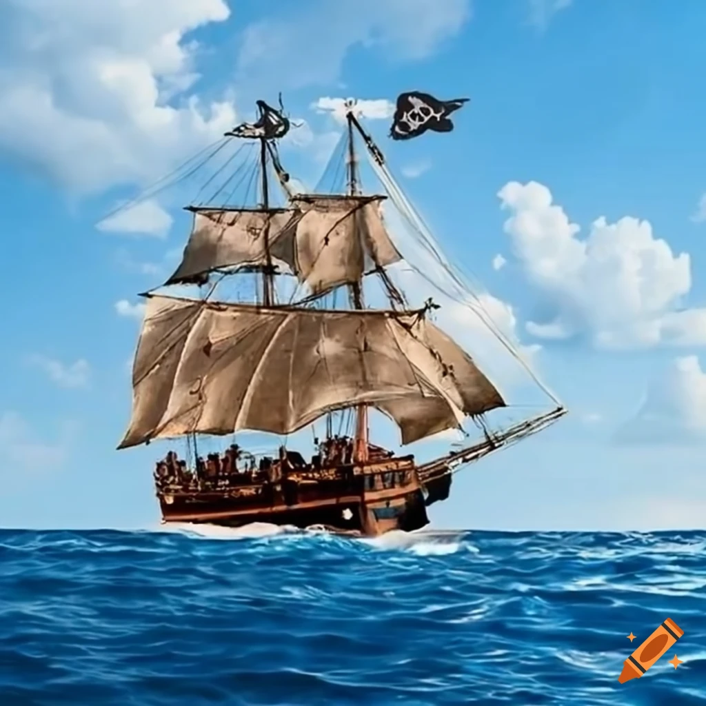 Authentic pirate ship with jolly roger flag on the open sea on Craiyon