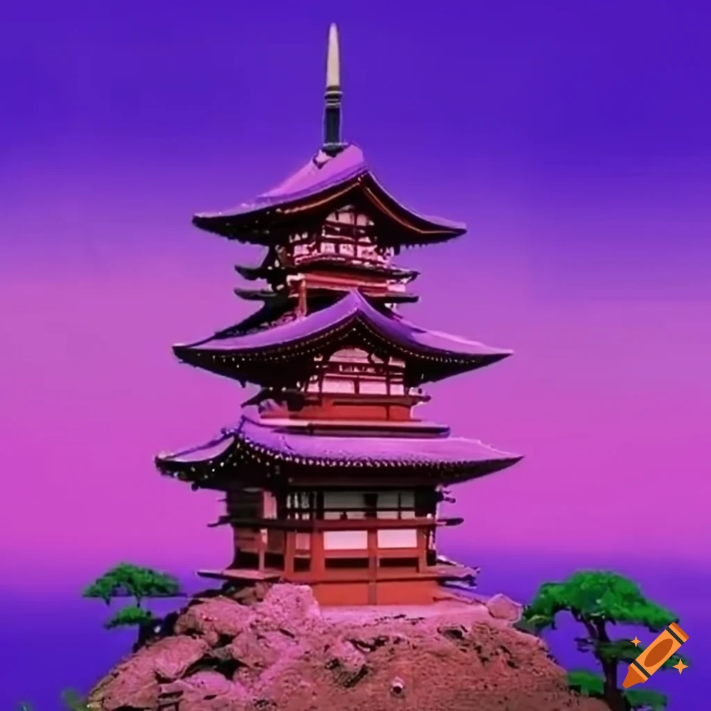 Claymation Japanese town with traditional temples under a purple sky on ...