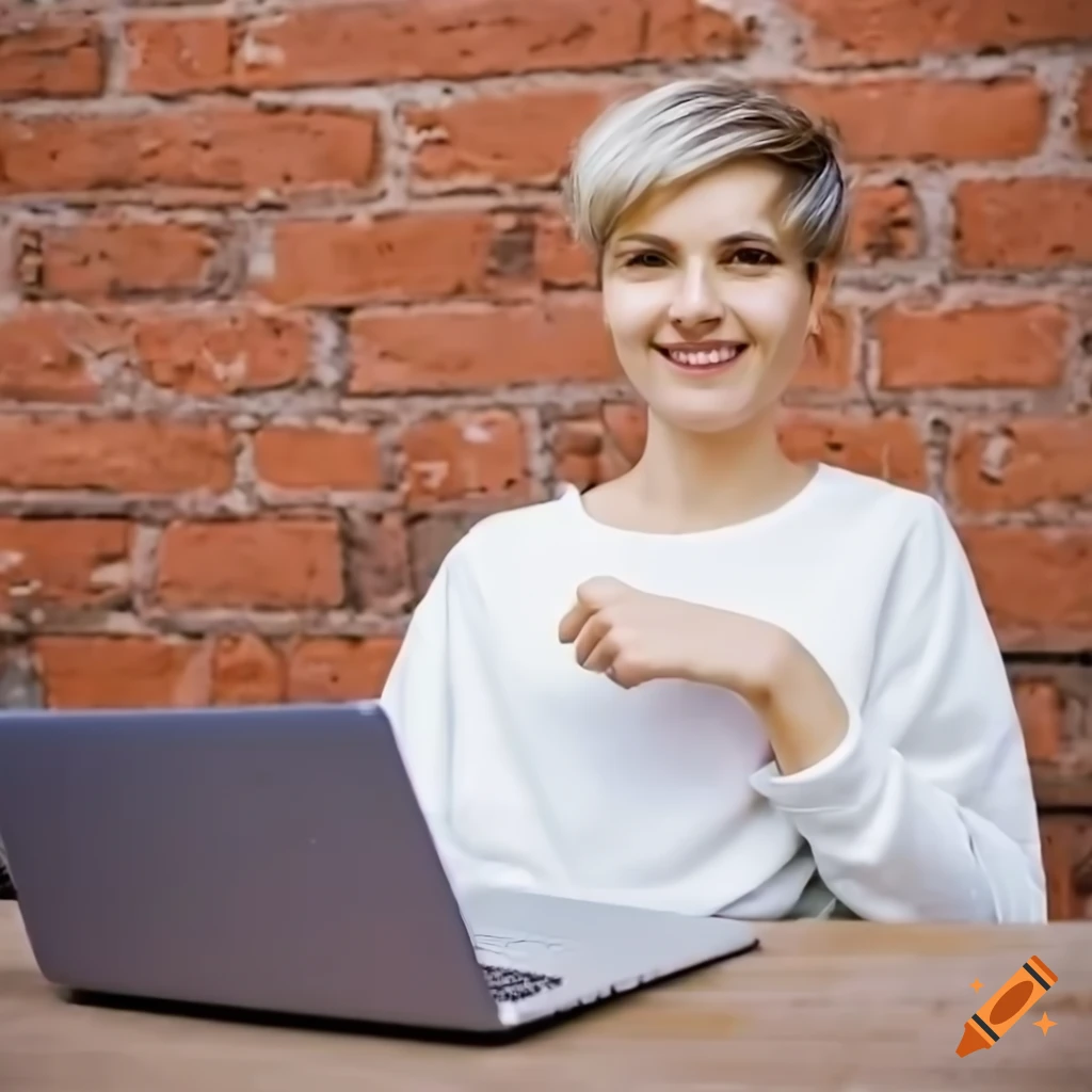 Web design girl with laptop at table against brick wall smiling on Craiyon