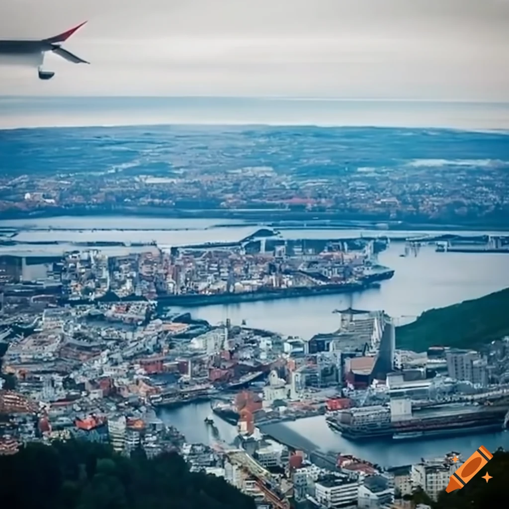 Modern airplane flying over the cityscape of Bergen on Craiyon