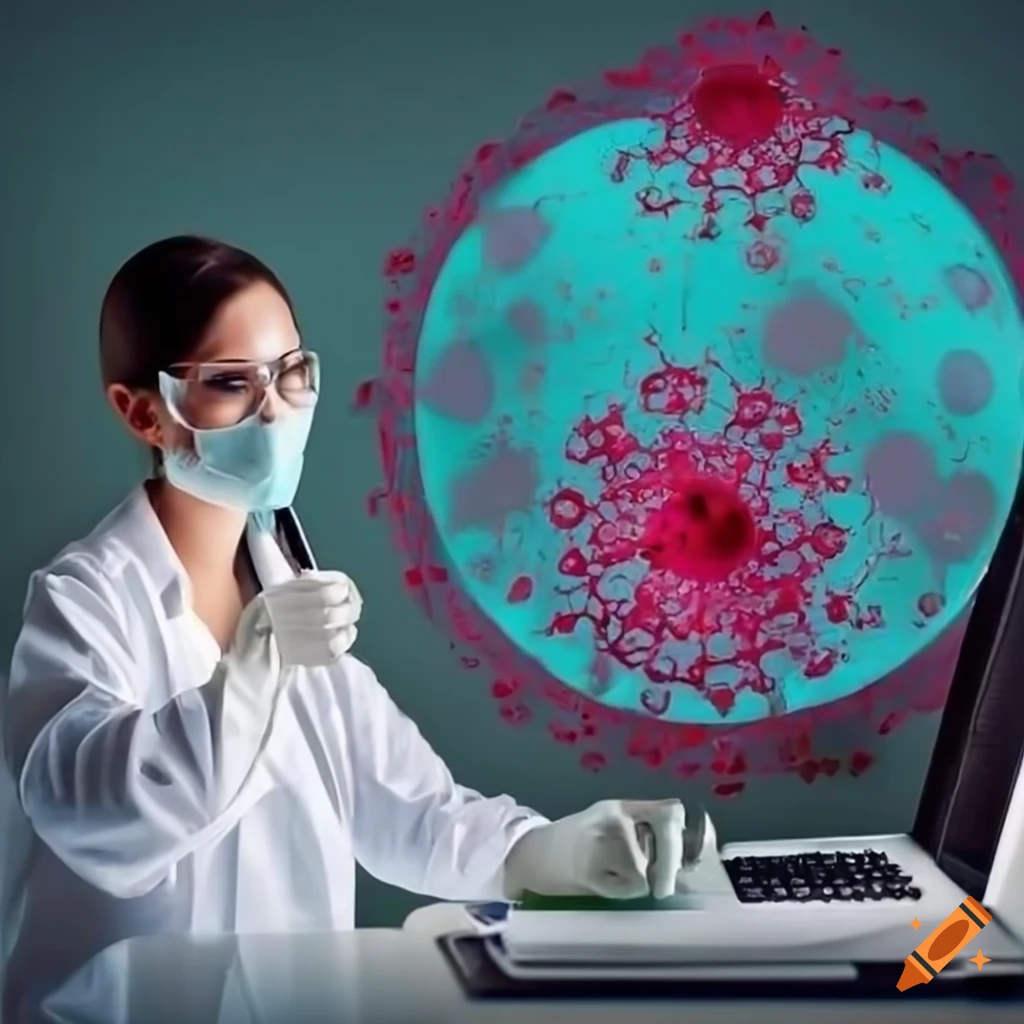 Scientist in lab coat with blood tube at computer desk with virus ...