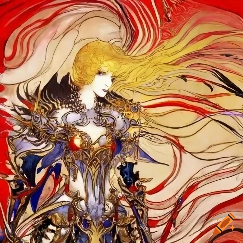 Imperial fire queen with golden hair flowing in the air in yoshitaka ...