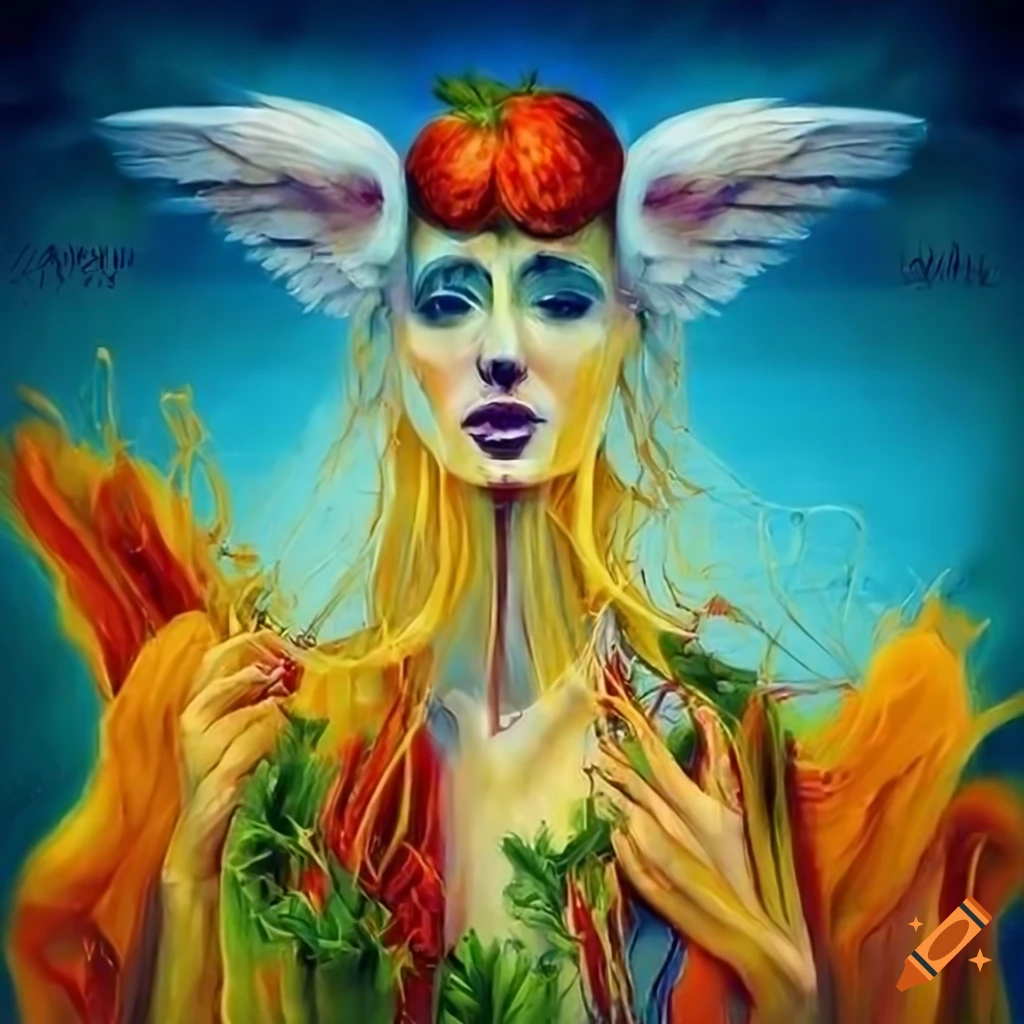 Painting of humanoid figures with vegetable hair in a surreal abstract ...