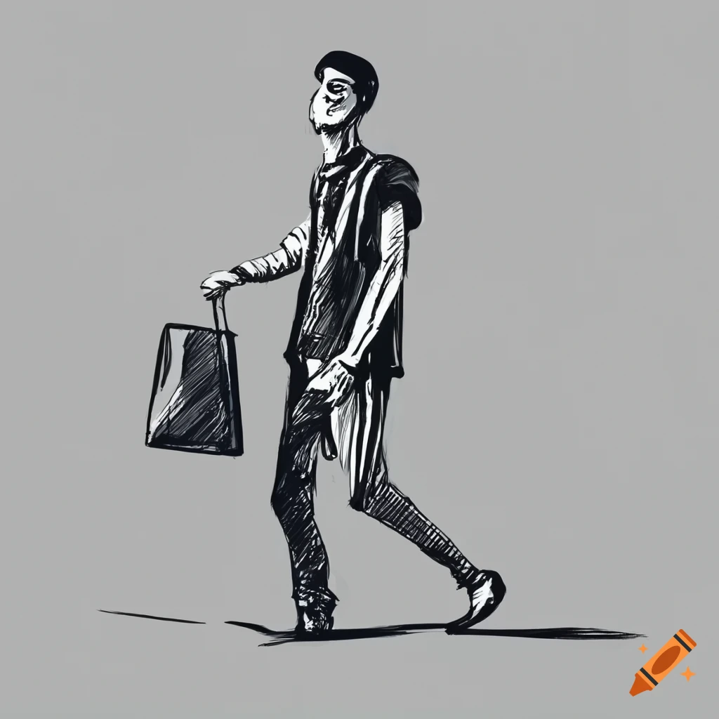 Man holding shopping bag in black and white sketch on Craiyon