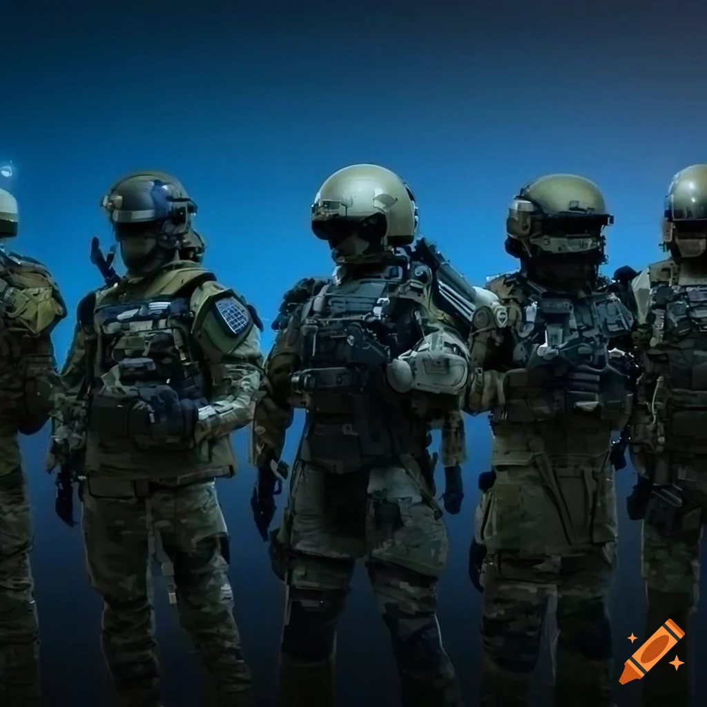 Group of armored task force soldiers with guns on Craiyon