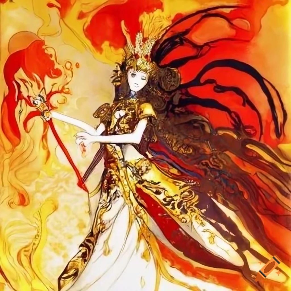 Imperial fire queen armored cleric priestess in yoshitaka amano style ...