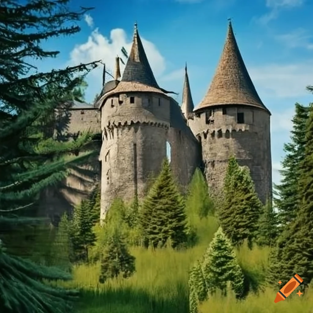 Medieval gray castle surrounded by summer spruce trees in a distance on ...