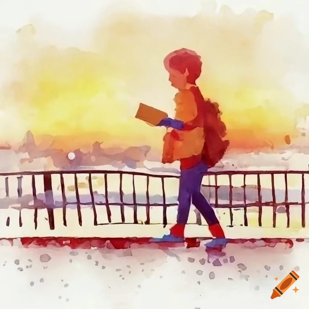 Boy running with an envelope on a Venice bridge at sunrise on Craiyon