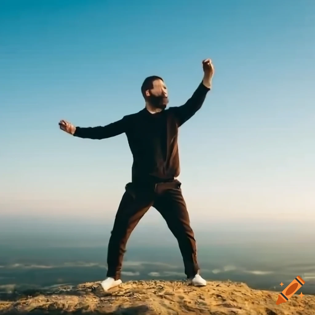 Lonely man dancing at hilltop with beard on Craiyon