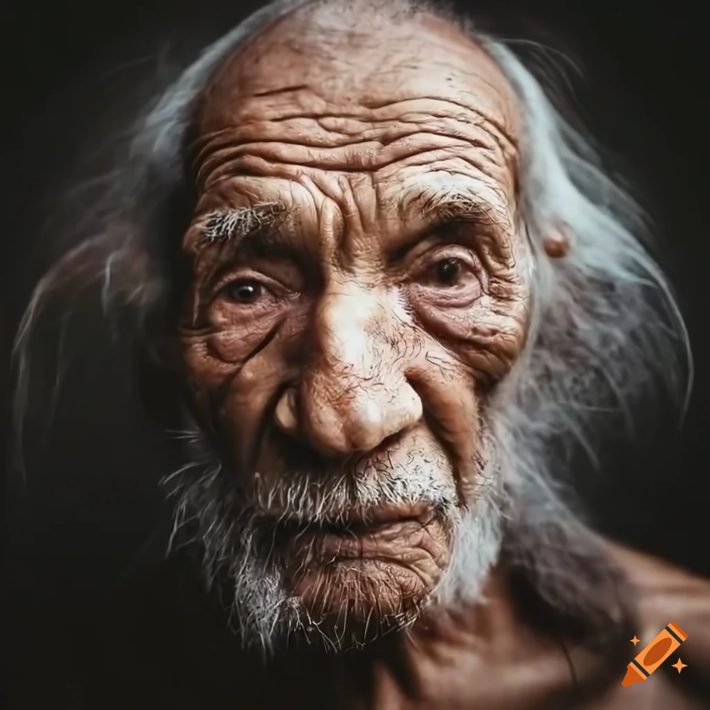 Closeup portrait of an elderly person with wrinkles, hair, and beard in ...