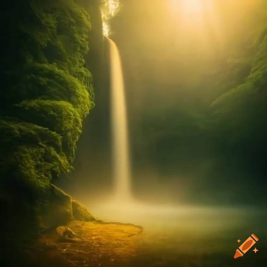 Yellow waterfall in misty fog under a warm summer sun on Craiyon