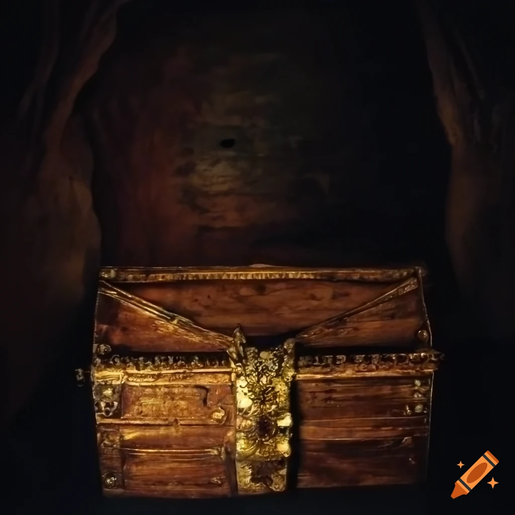 Small old golden chest in a dark cave on Craiyon