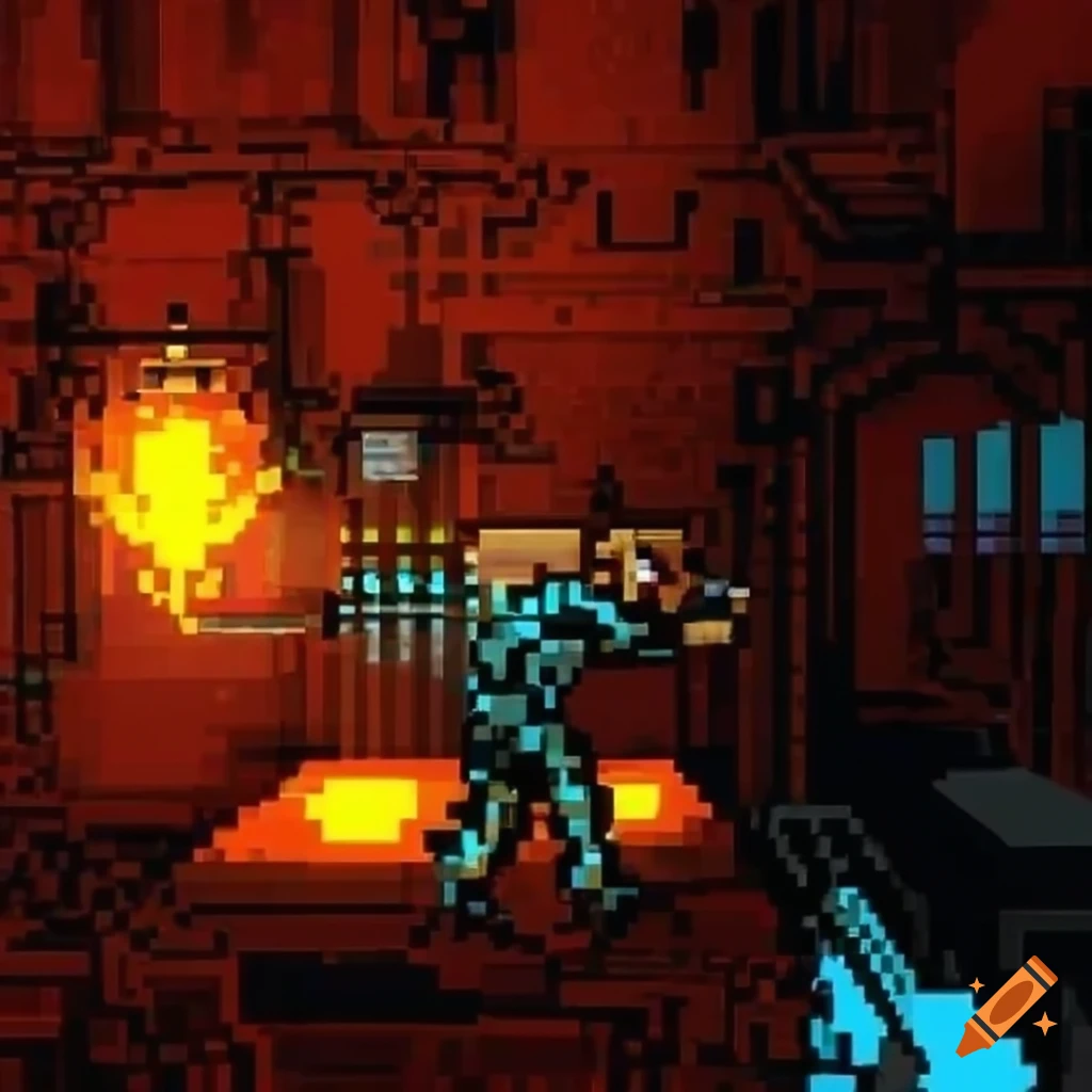 Retro fps-platformer hybrid gameplay in pixel art style on Craiyon