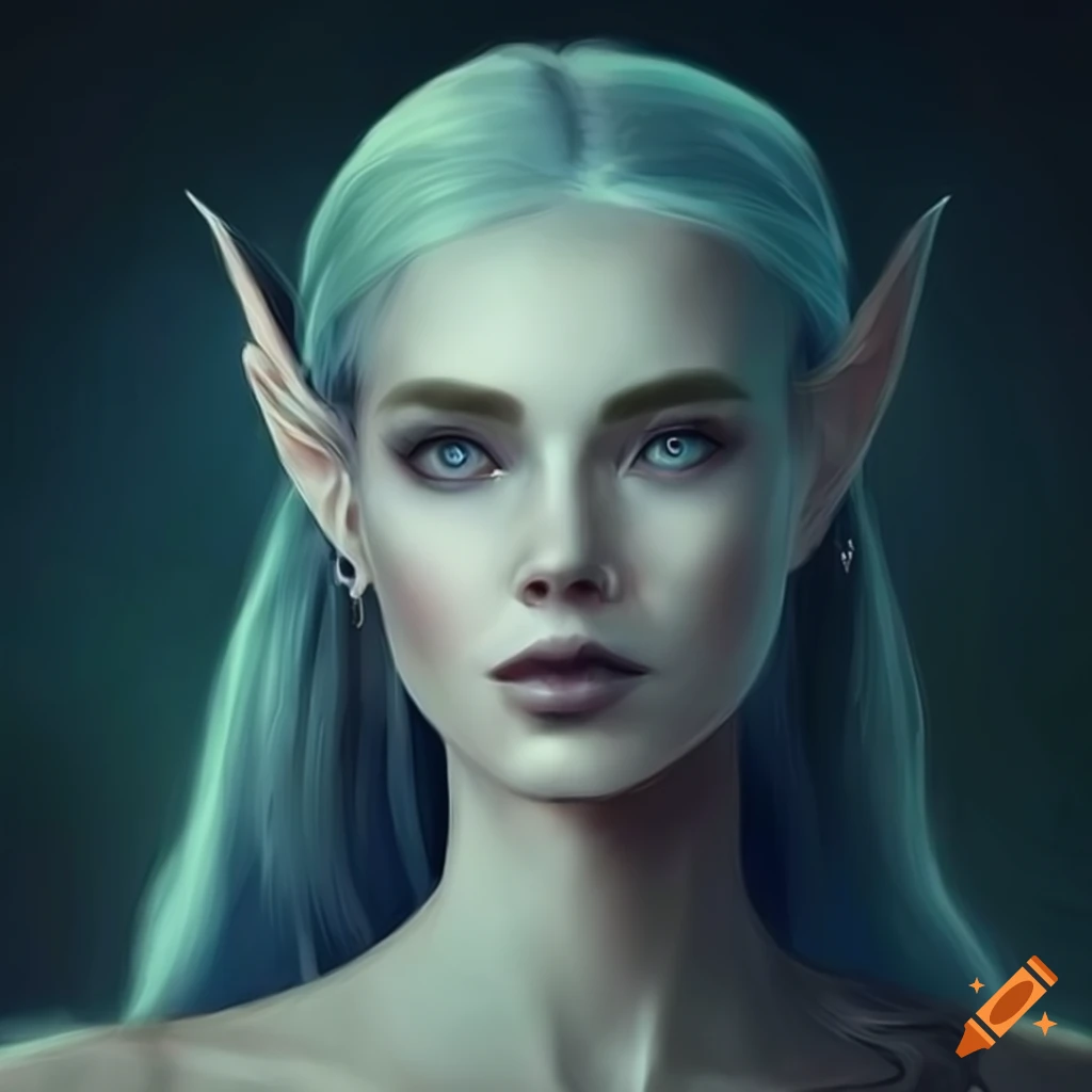 Ethereal elf with mesmerizing green-grey eyes on Craiyon