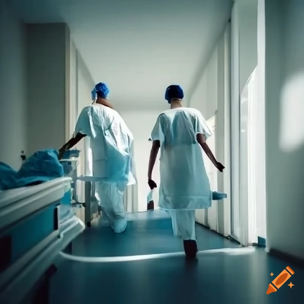 Surgeons moving hospital bed in a sunlit hospital corridor on Craiyon