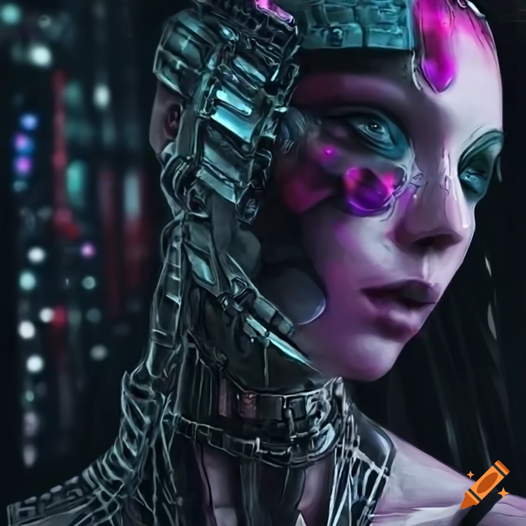Female cyborg goddess in a cyberpunk cityscape on Craiyon
