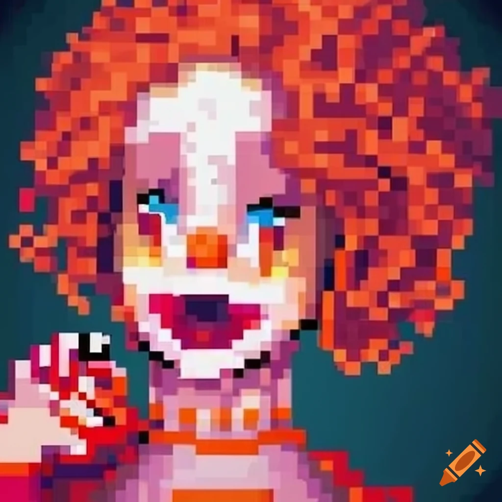Vibrant pixel art of a cute clown girl in a red suit on Craiyon