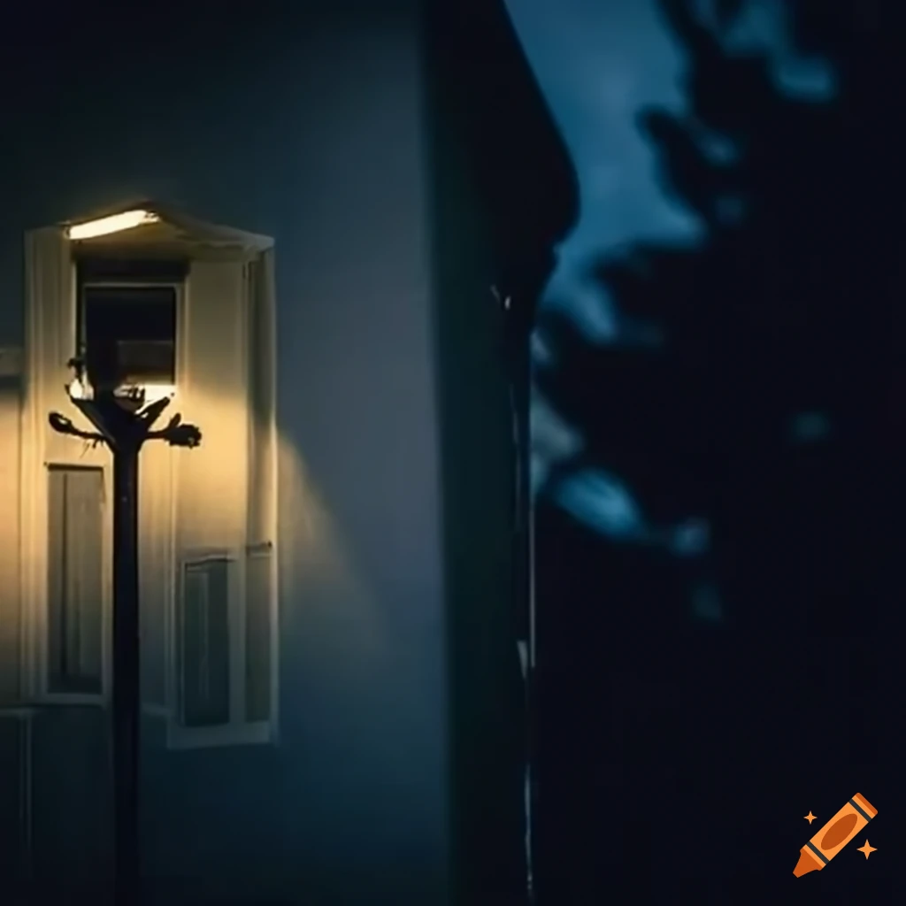 Dark neighborhood with street lamp illuminating hooded figure on Craiyon