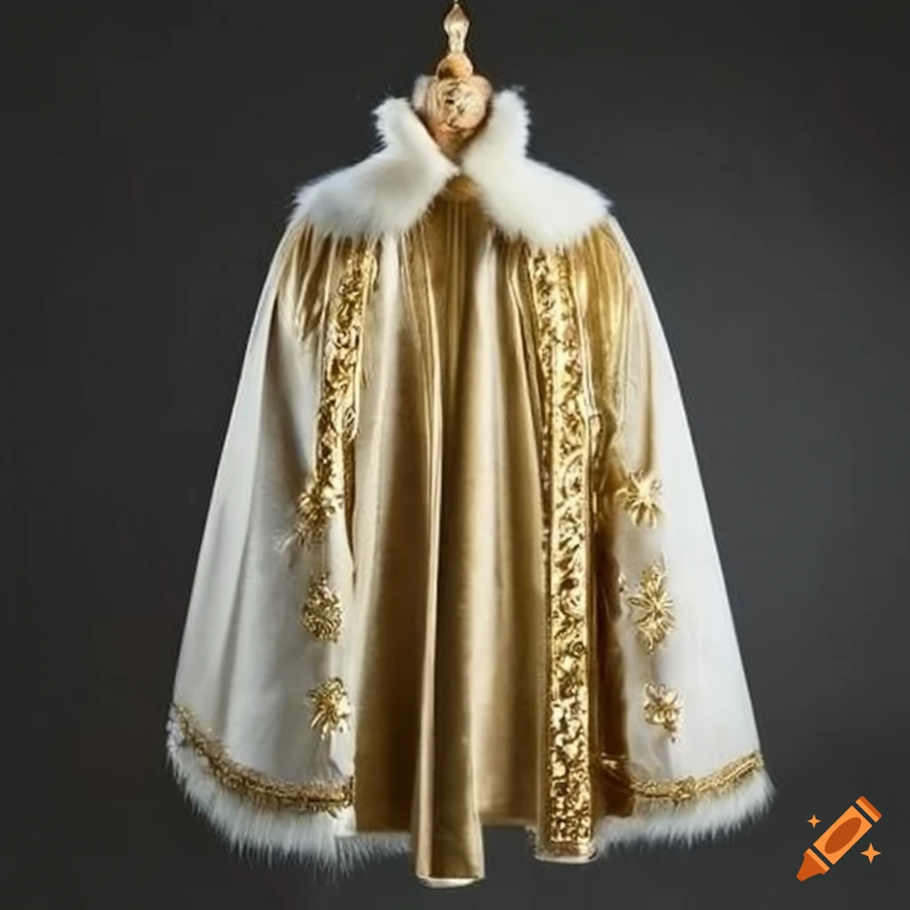 Detailed pelican cloak in pale gold velvet with white fur trim and gold ...