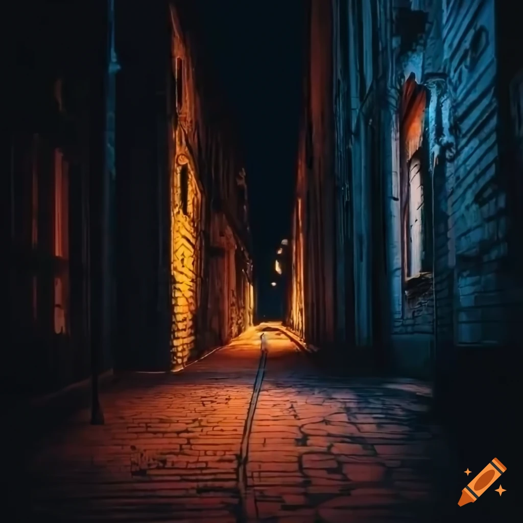 Soviet-era alley with old buildings at night on Craiyon