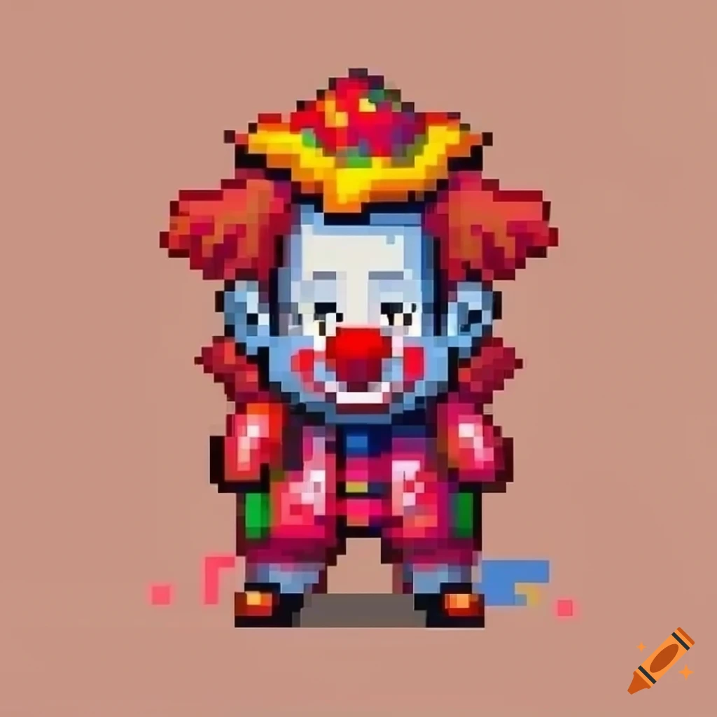 Pixel art of a cute clown in a red suit on Craiyon