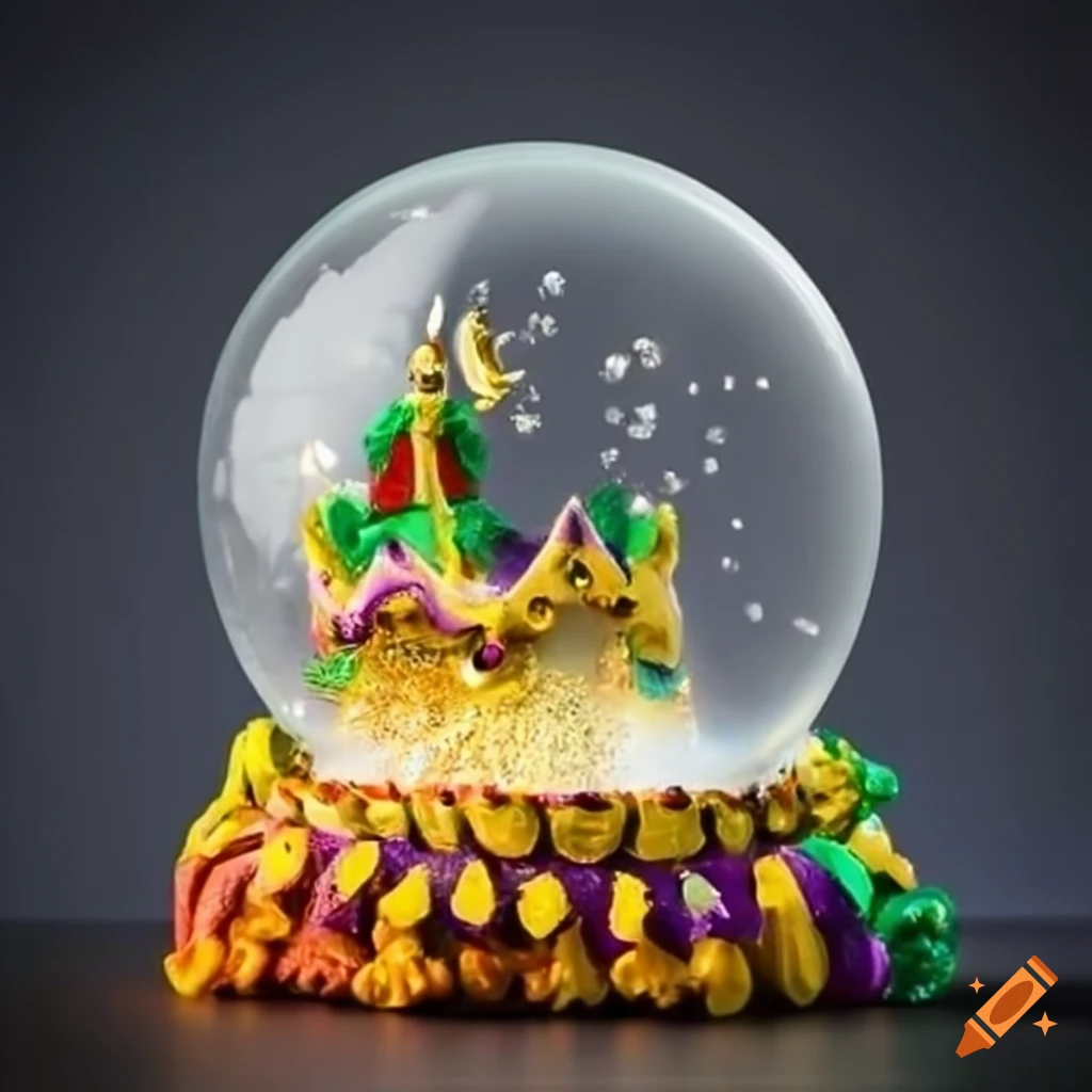 Mardi gras float in a glass snow globe on Craiyon