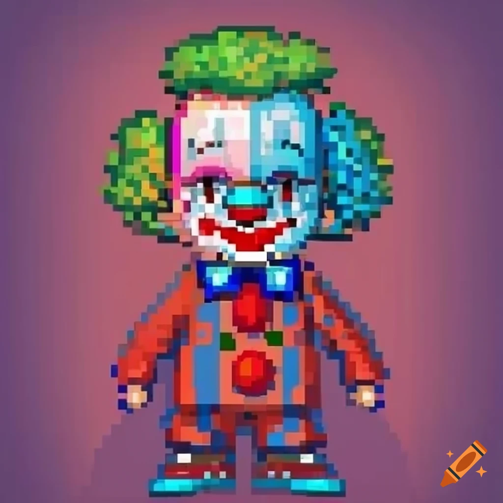 Pixel art of a cute clown in a red suit on Craiyon