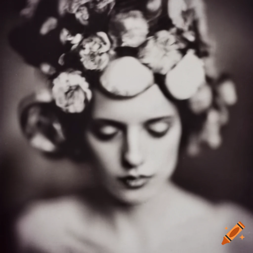 Beautiful woman with a big floral crown hat in vintage photography ...