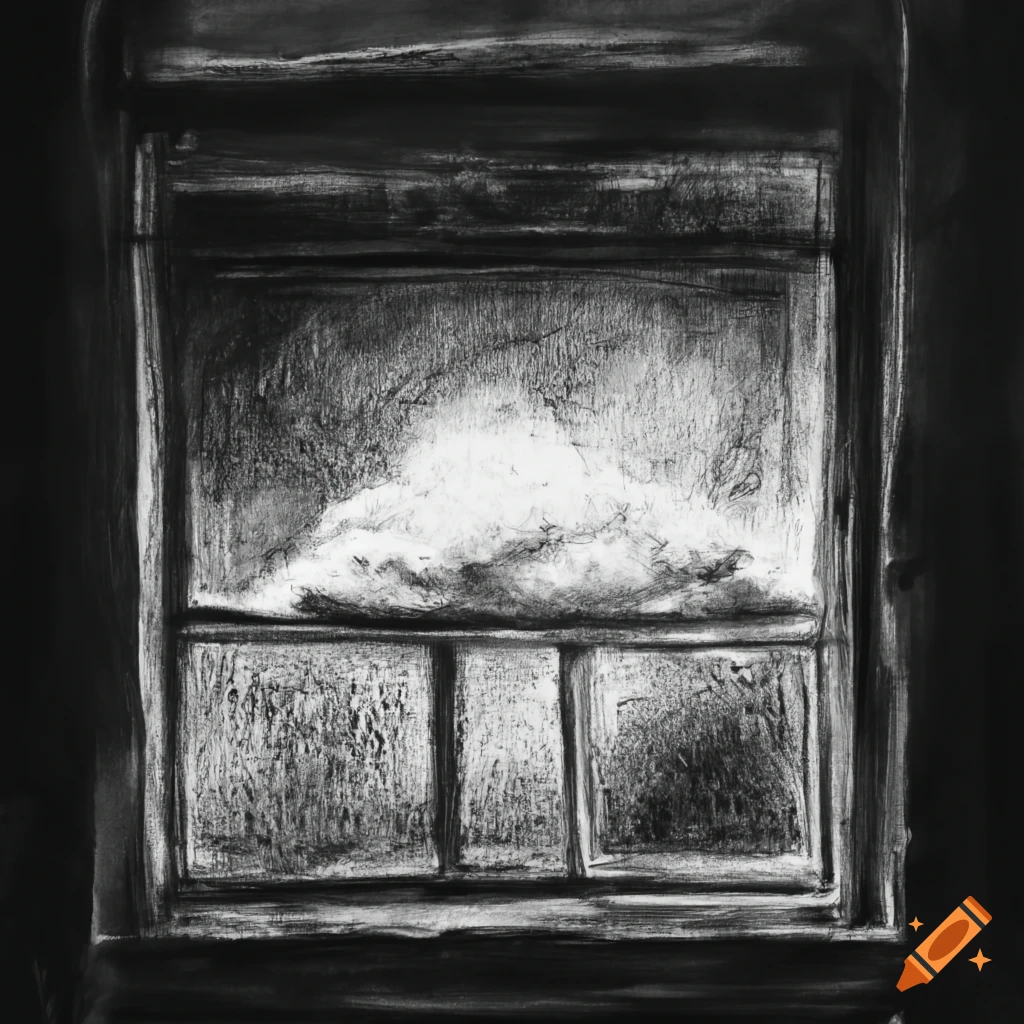 Cloud seen through a window in a cottage room charcoal drawing on Craiyon