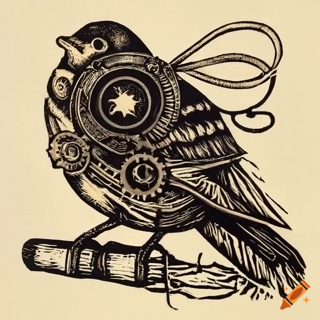 Steampunk bird linocut design on Craiyon