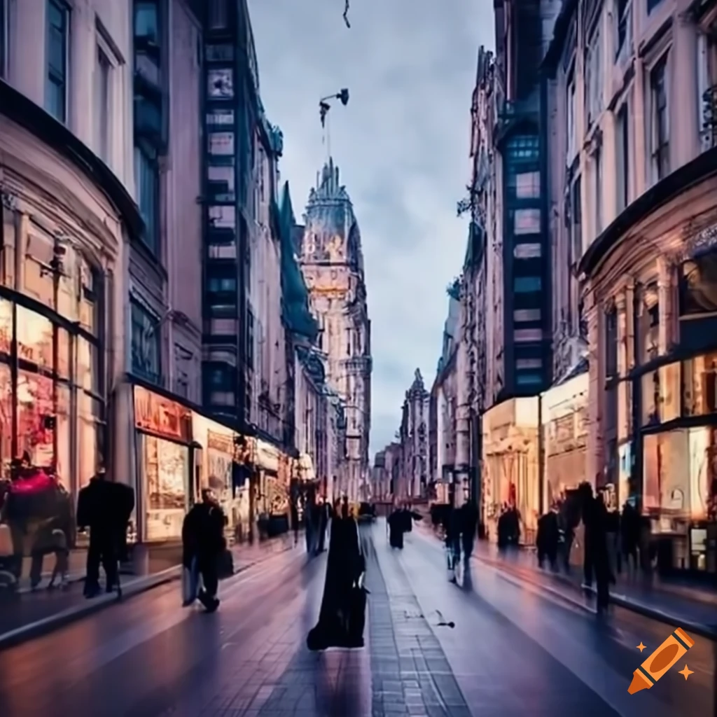 Dynamic and busy modern shopping street on Craiyon