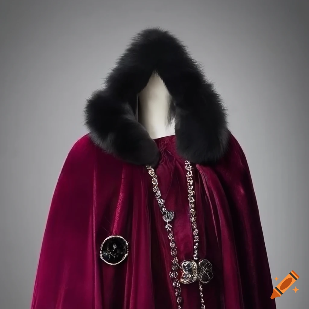 Detailed pelican cloak in berry velvet with black fur trim and silver ...