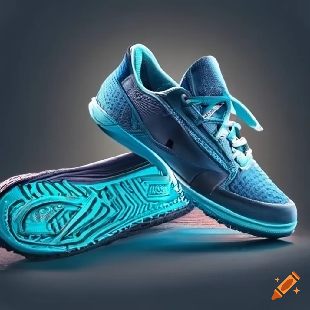 Light and dark blue tennis shoe with thick tire tread sole on Craiyon