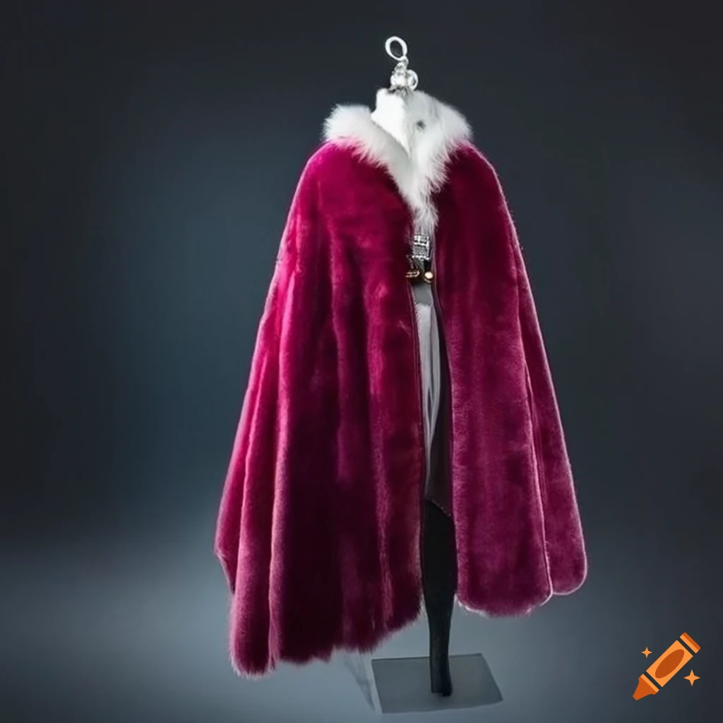 Pelican cloak in berry velvet with white fur trim and pearl clasps on ...