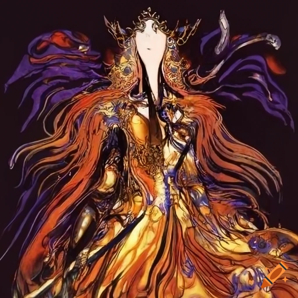 Imperial fire queen with golden flowing hair in yoshitaka amano style ...