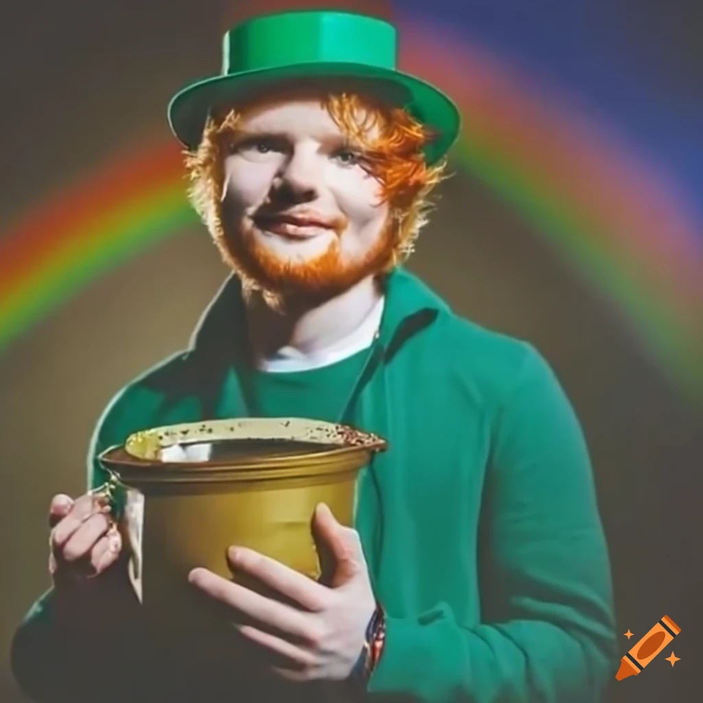 Ed Sheeran as a leprechaun with a pot of gold by a rainbow on Craiyon