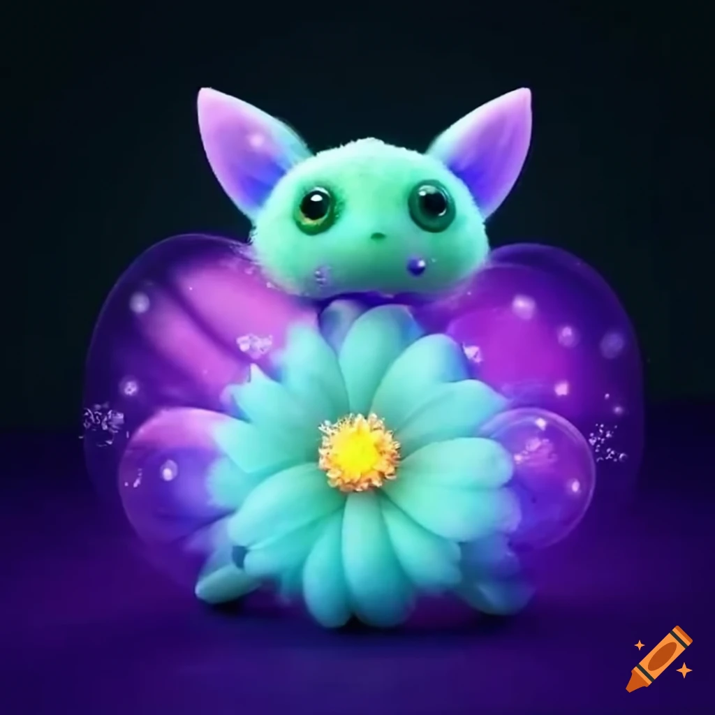 Fluffy bubble flower creature with magical aura and clothes on Craiyon