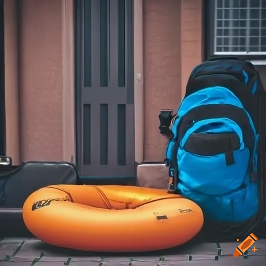 Inflated inner-tube next to a backpack by a door on Craiyon