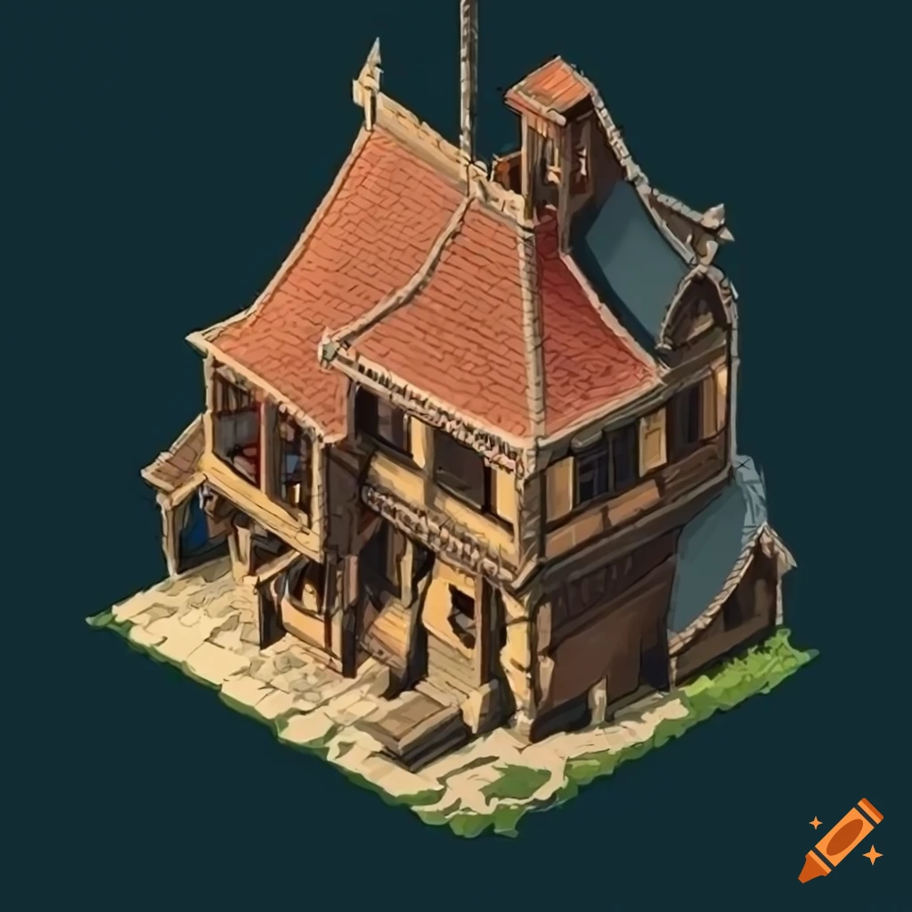 Isometric tilemap of a medieval fantasy house on Craiyon