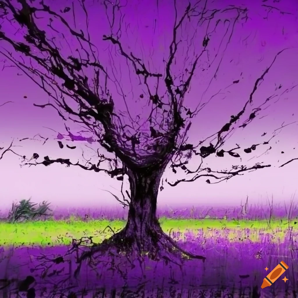 Old rustic tree in a purple meadow with splatter paint, abstract art on ...